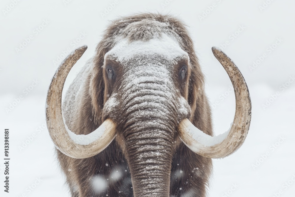 Portrait of a woolly mammoth standing in a snowy landscape, its thick ...
