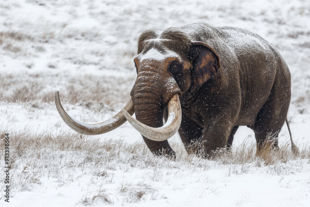 Portrait of a mastodon walking through the snowy plains, its long tusks ...