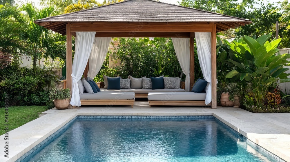 Pool with a stylish gazebo and soft seating, shaded retreat, comfort ...