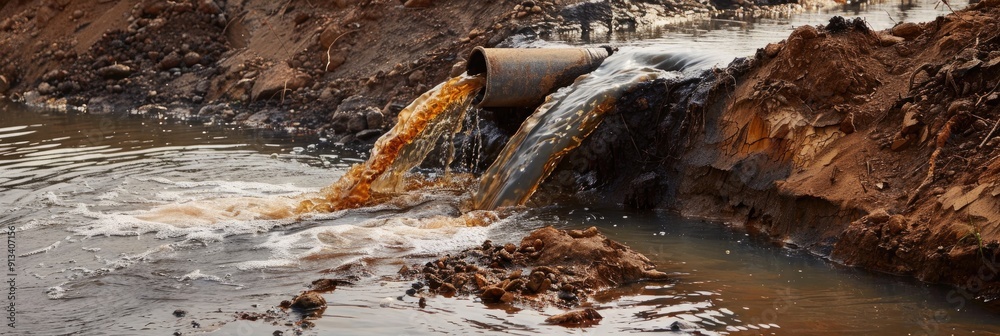 Water flowing from the pipe into the tailings dump Environmental impact ...