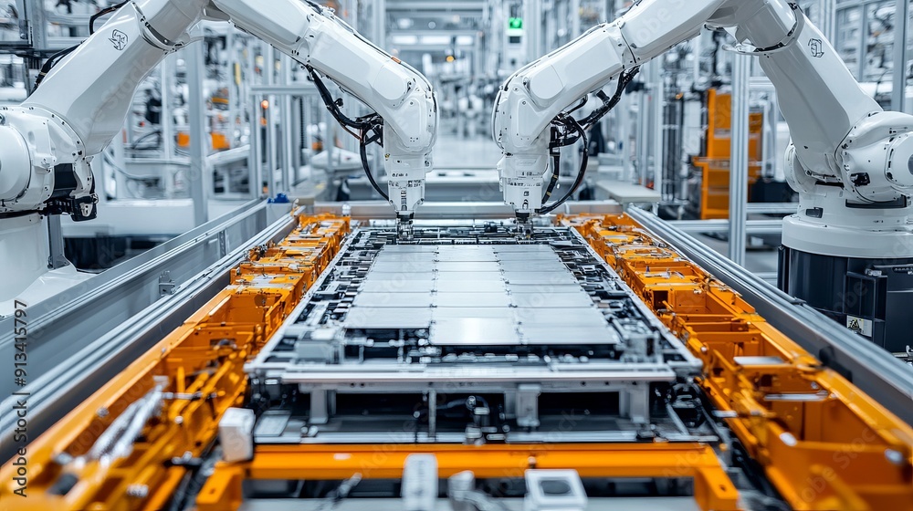 The electric car battery manufacturing line features industrial robot ...