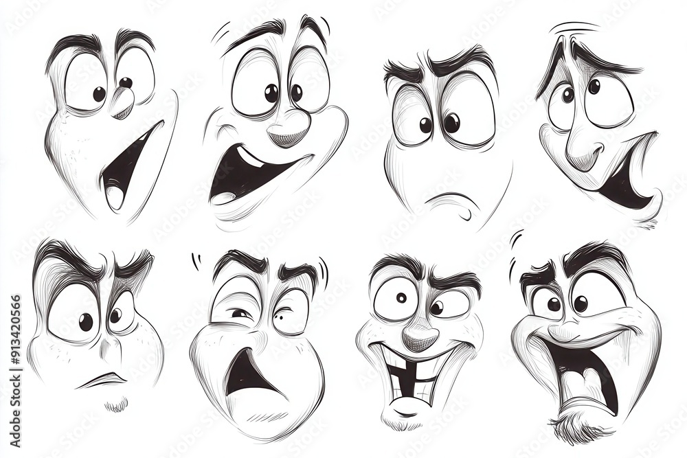 collection of quirky handdrawn cartoon faces in retro black and white ...