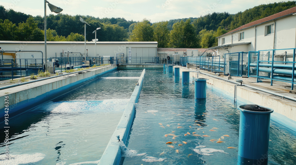 Fish farm with blue water, lots of rectangular aquarium tanks and areas ...