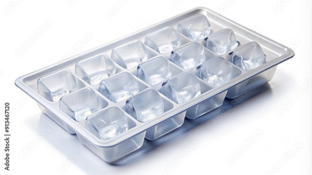 Ice cubes stacked in a clear plastic ice tray, showing the uniformity ...
