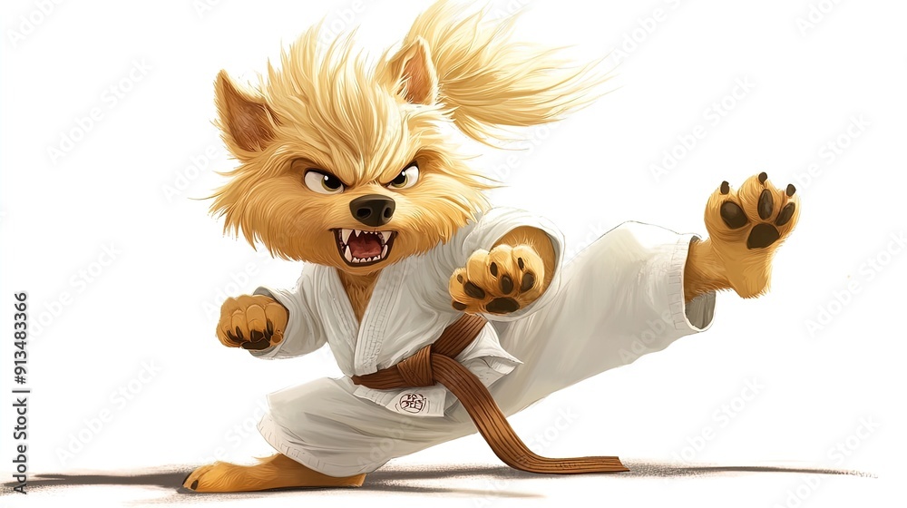 Cartoon Dog in Karate Gi: Fierce Blonde Pup Kicking High, Perfect for ...