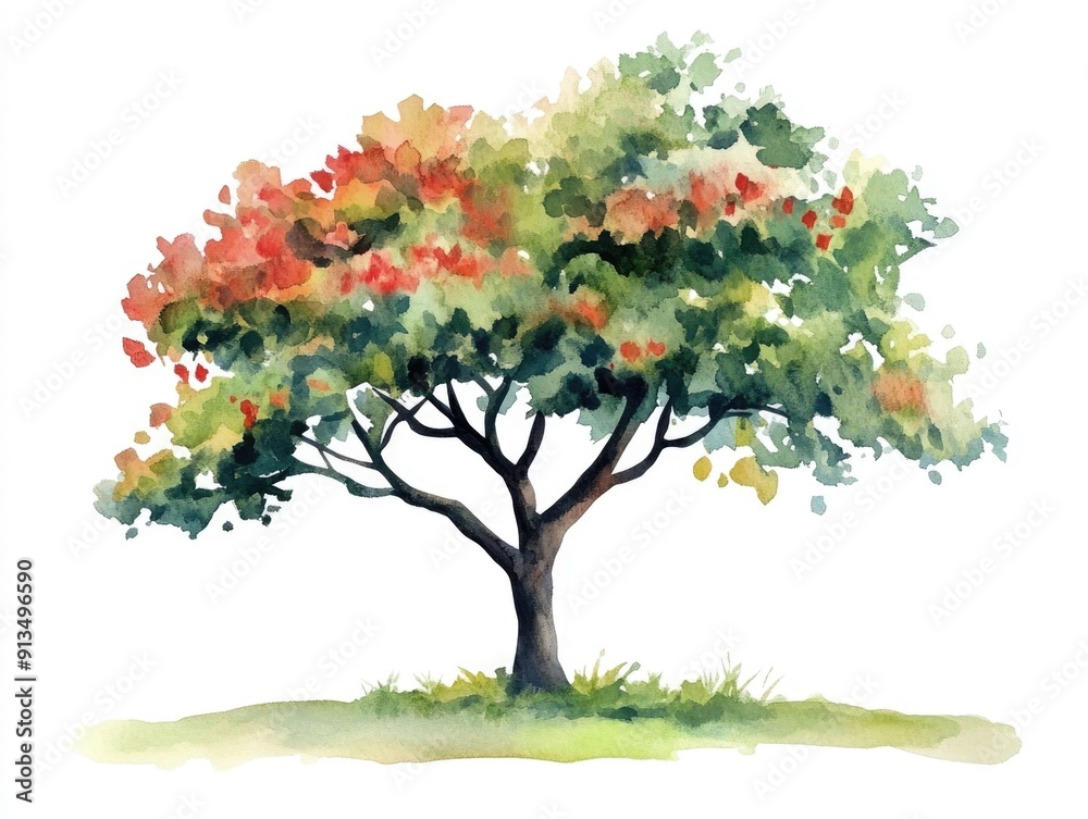 Lush green watercolor tree icon representing a natural symbol on a ...