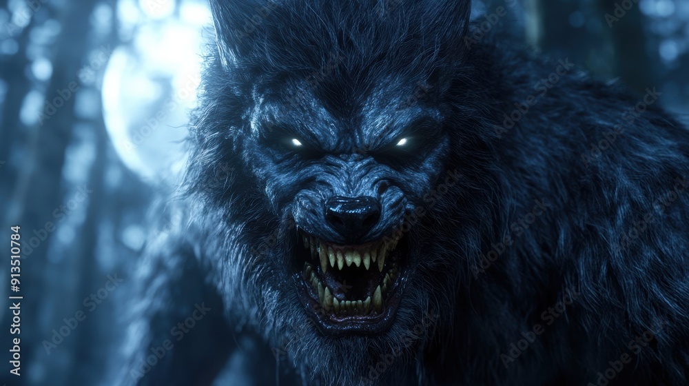 A terrifying werewolf with glowing white eyes and sharp fangs snarling in a moonlit forest ...