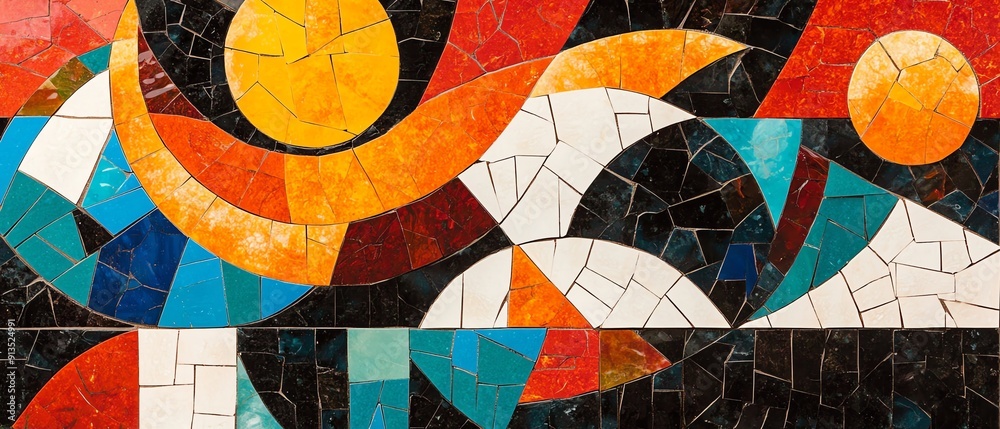 Modern mosaic art piece with high contrast colors and dynamic geometric ...