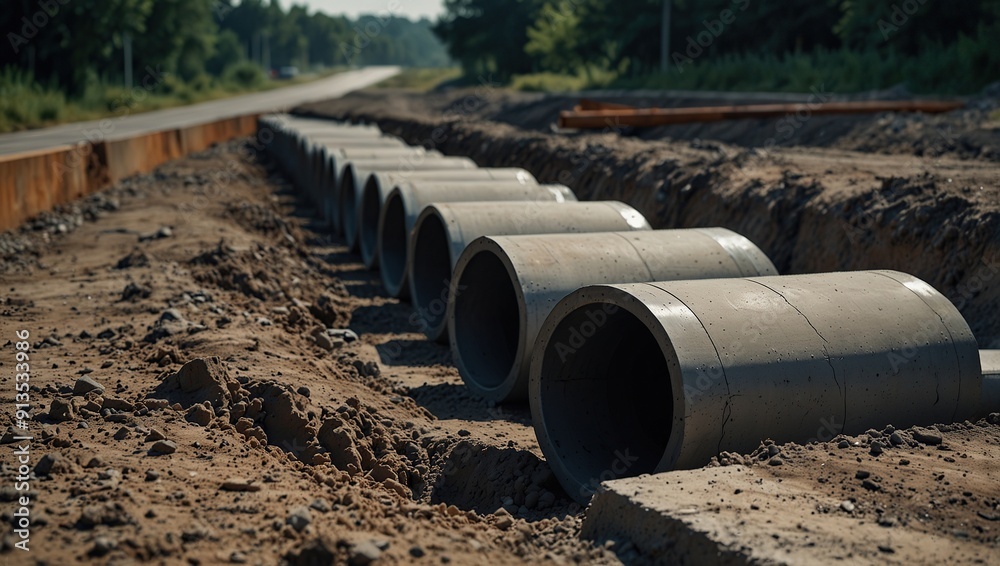 Concrete drainage pipe system installation on road sides for urban ...