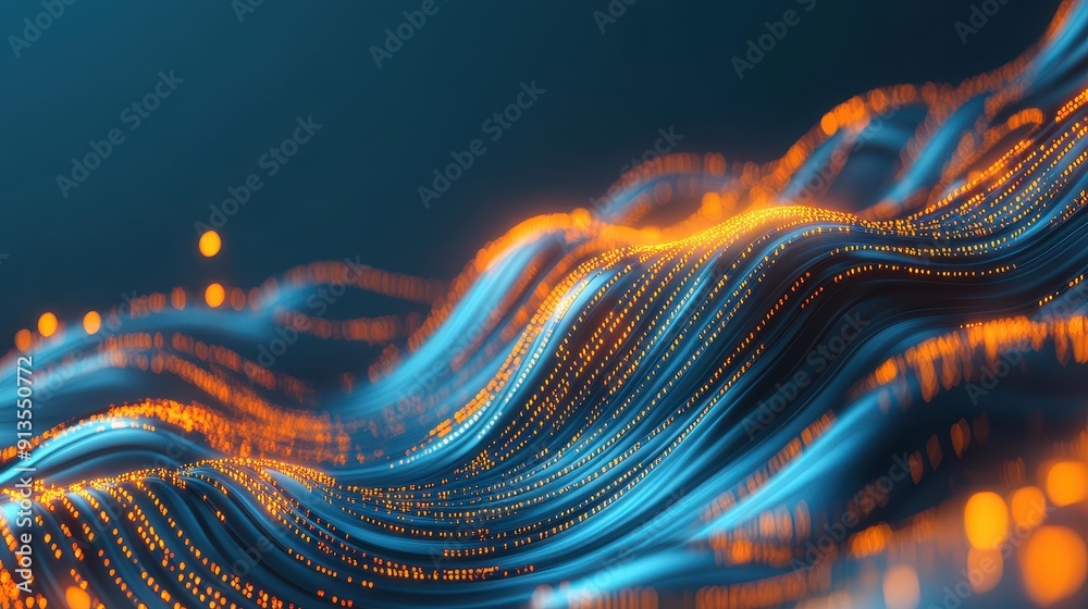 Bright binary code backdrop with animated digital particles and warm ...