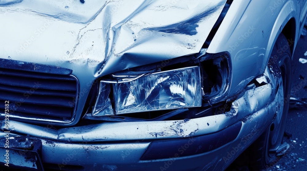 Real photo of close-up car accident damage showing a crumpled front ...
