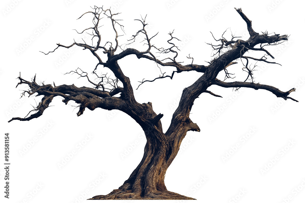 black dried old spooky dead tree branch isolated on transparent white ...