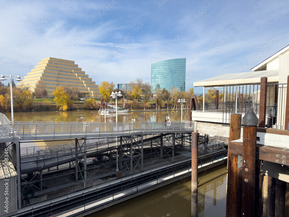 Sacramento Riverfront with Ziggurat and Glass Office Buildings Stock ...