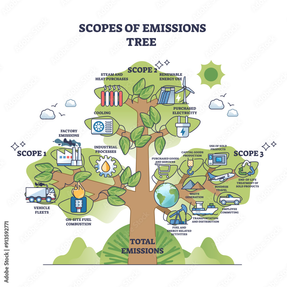 Scopes of emissions as direct CO2 producers on tree branches outline ...
