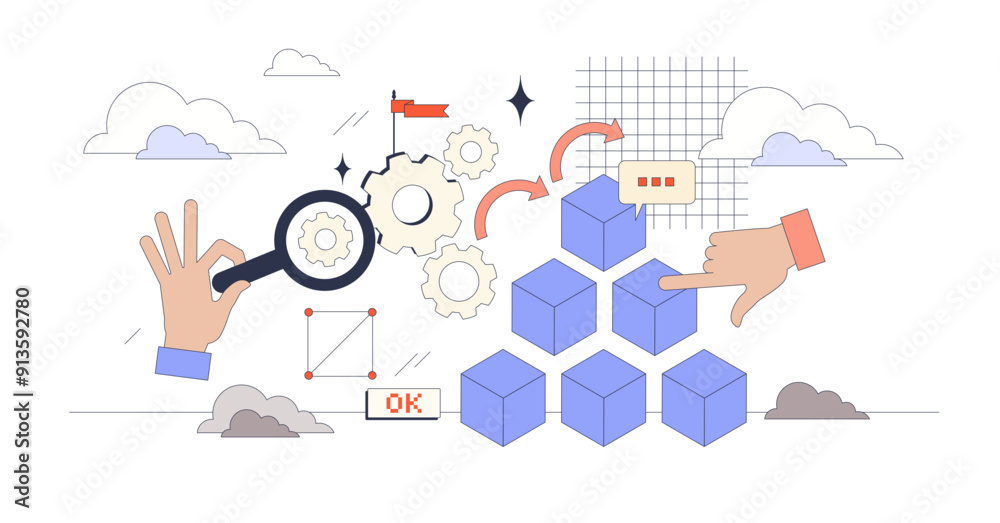System analysis and design for efficiency tiny person neubrutalism concept, transparent ...