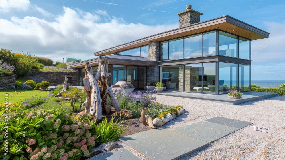 Picture a contemporary coastal home in the UK with large glass windows ...
