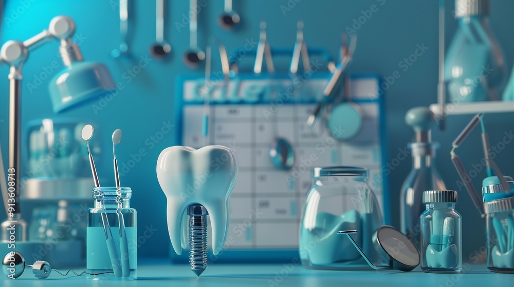 Blue backdrop featuring a "calendar" with a dental appointment and 3D ...