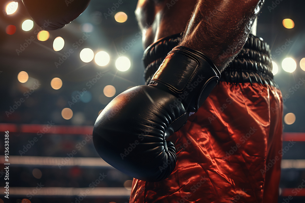 Boxer preparing for a match in the ring, wearing black gloves and red ...