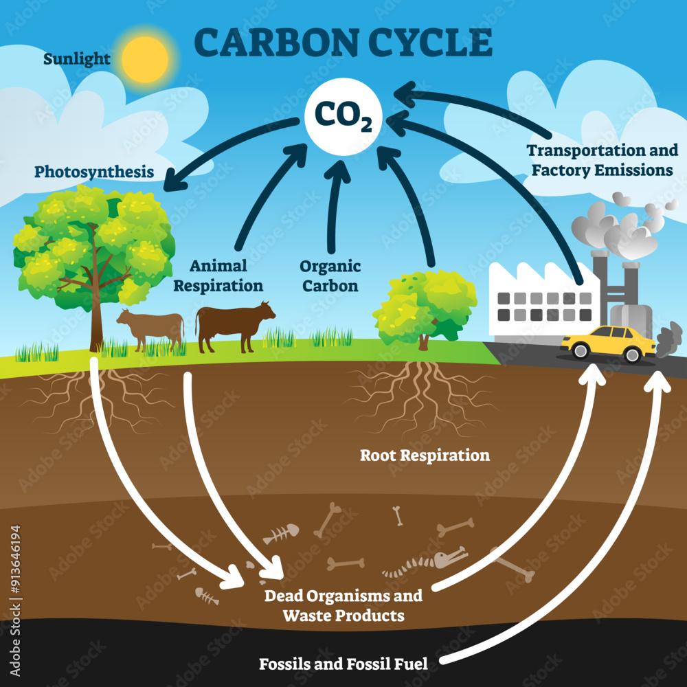 Carbon cycle illustration, transparent background. Labeled CO2 ...