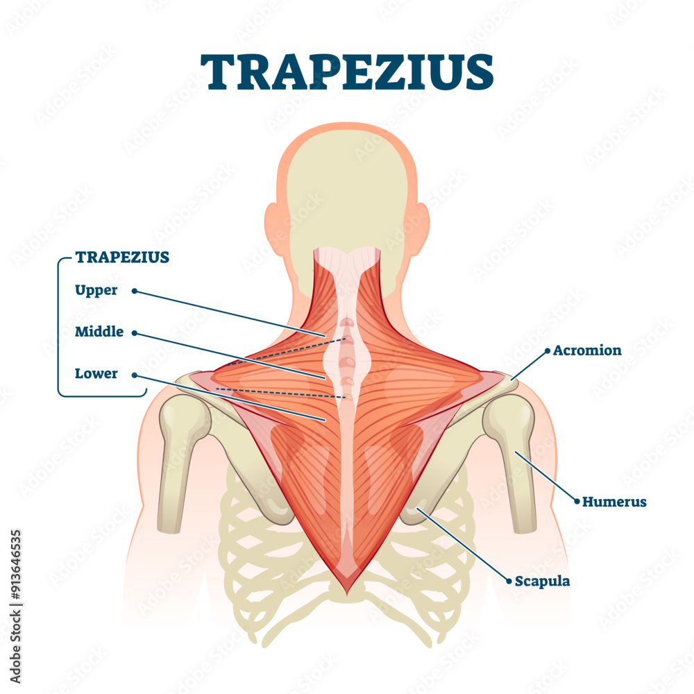 Trapezius muscle labeled medical anatomy structure scheme illustration ...