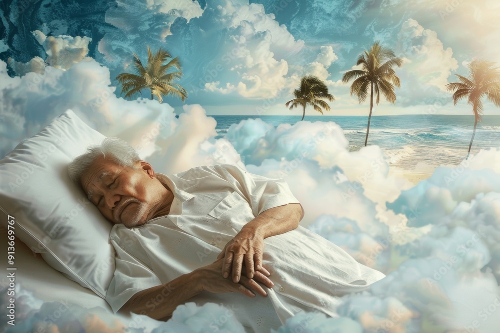 Serene elderly man enjoys peaceful nap home cozy bed. Senior man ...