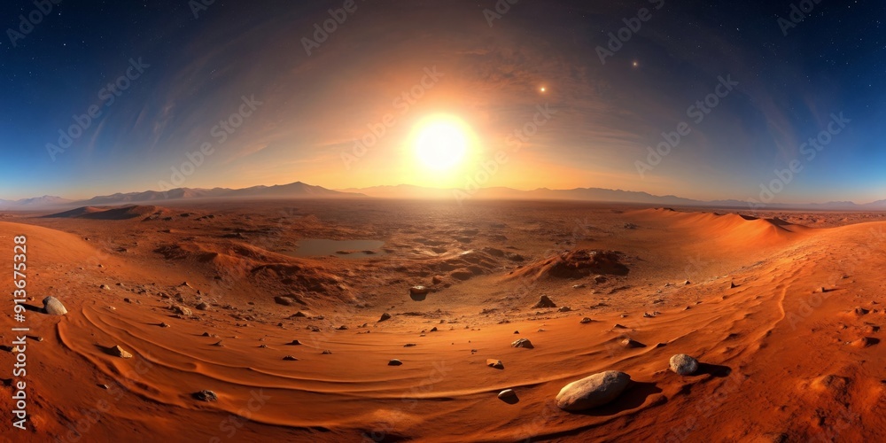 Ilustração 360 HDRI panorama of a Mars sunset, showing Martian ...