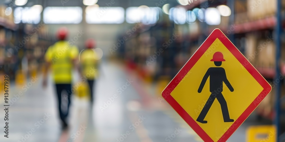 warehouse safety sign with blurred workers in background - caution ...