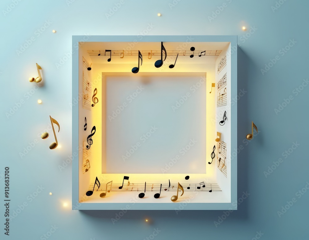 white square frame with gold musical notes and blank space is ...