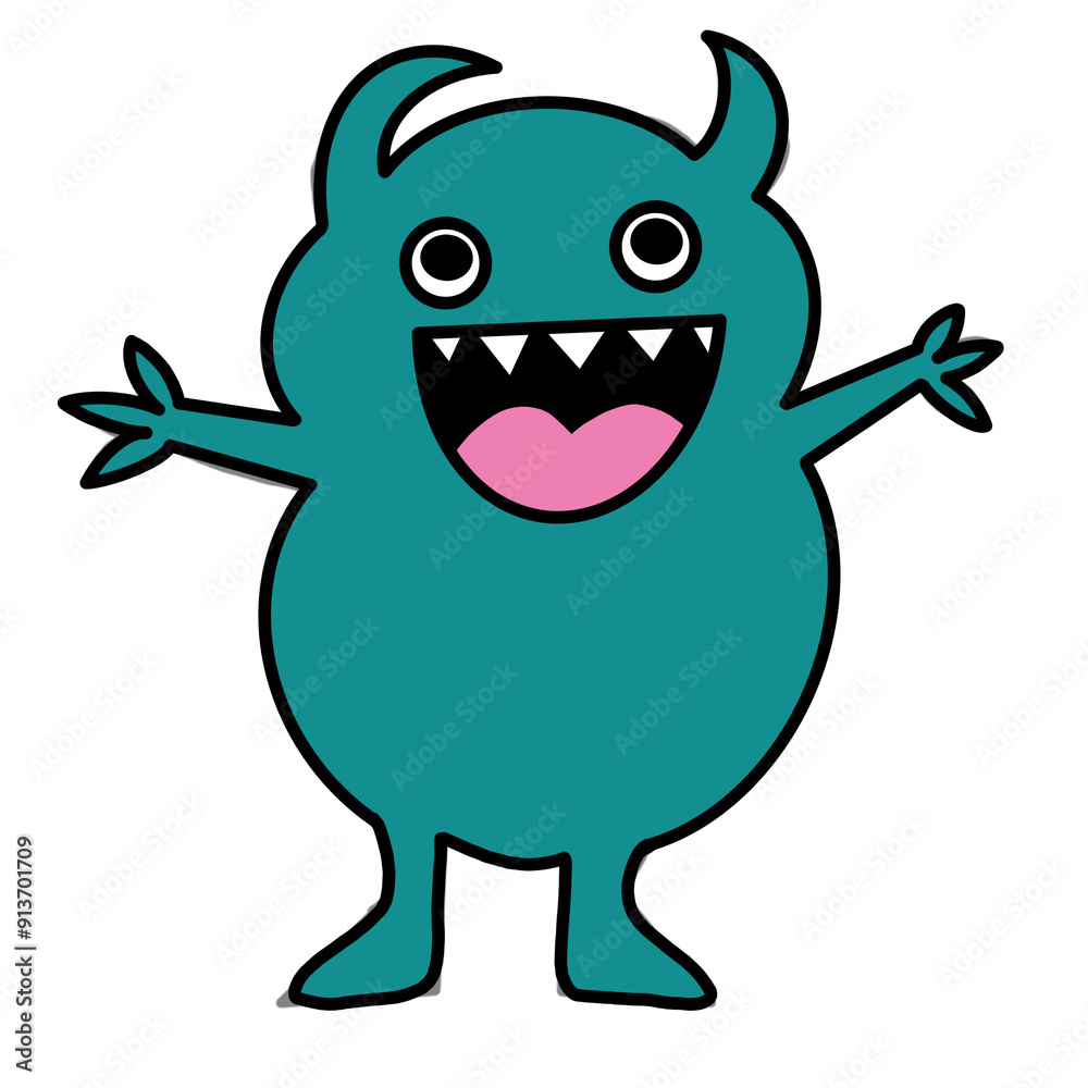 This cartoon illustration features a cheerful blue-green monster with a ...