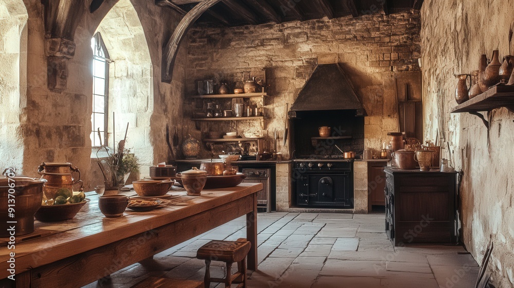 medieval kitchen with large hearths, wooden tables, and antique cooking ...