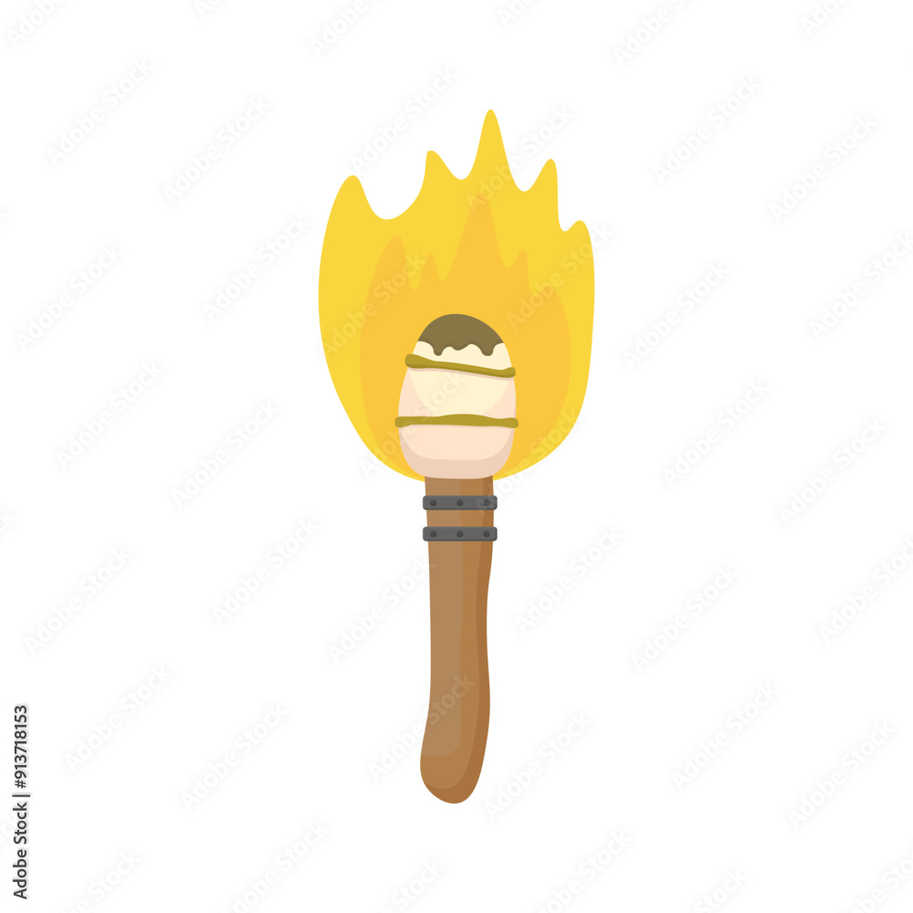 Beautiful wooden burning torch in cartoon style on a white background ...