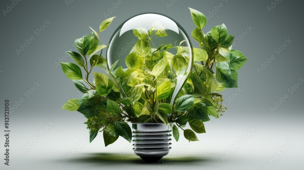Green plants symbolizing sustainability, growing inside a light bulb. Perfect for ecofriendly ...