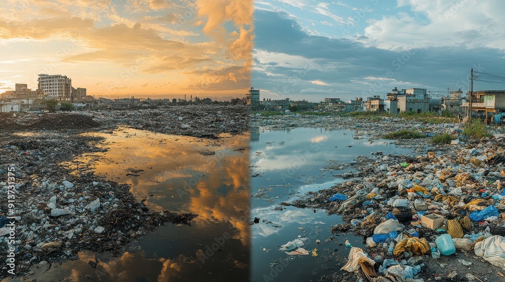 Pollution and waste accumulation causing environmental disaster Stock ...