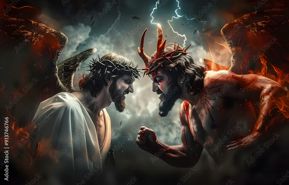 Fight of good against evil, good and bad. Jesus vs Lucifer. The heaven ...