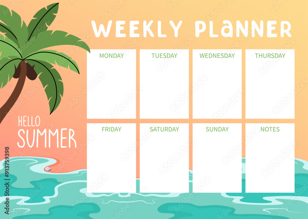 Summer Weekly planner with Ocean waves and palm trees. Tropical ...