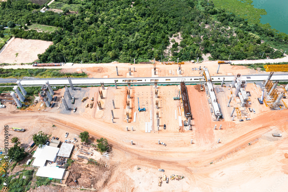 Aerial top view of Plan for Thai - Concrete bridge pillars of the ...