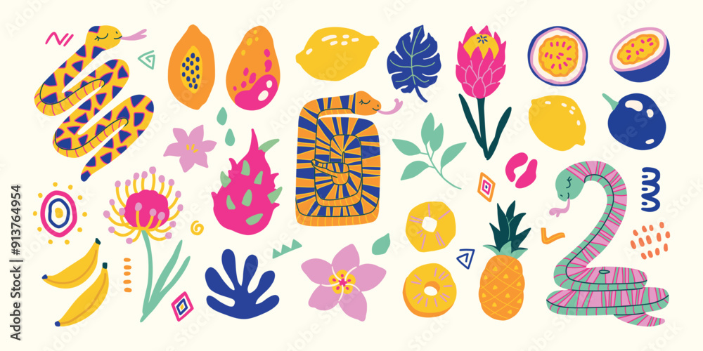 Snakes flowers and fruits hand drawn cute simple jungle illustration ...