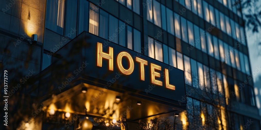 Hotel exterior with an illuminated sign HOTEL on the building facade at ...