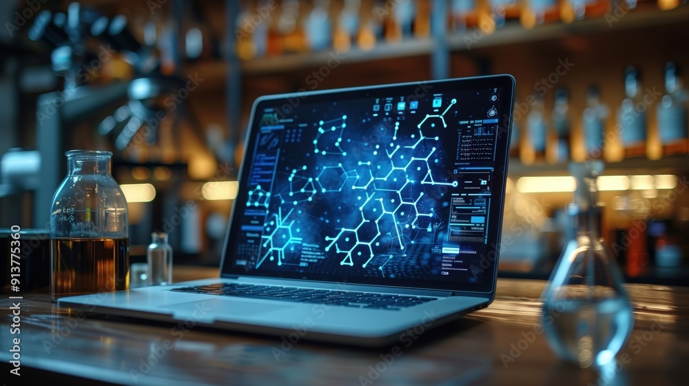 Laptop with Chemical Formulas in Laboratory. Laptop in a laboratory ...