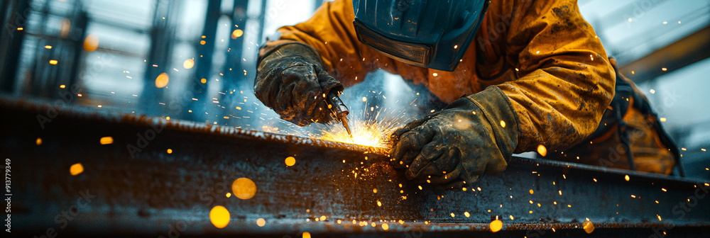 Welder wearing safety gear and helmet working at a construction site ...
