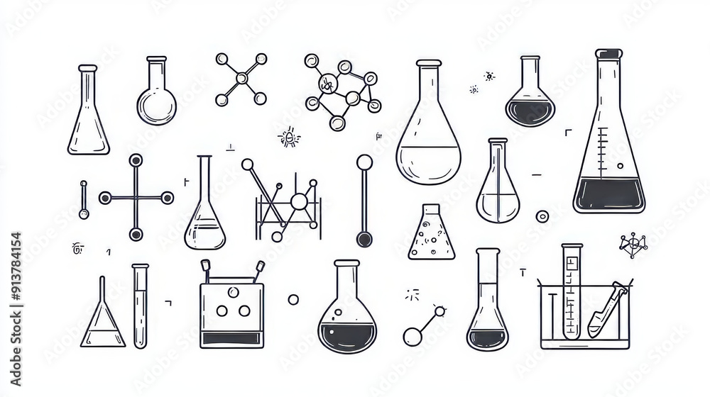 Chemistry lab and icon set with experiments, glassware, and molecules ...