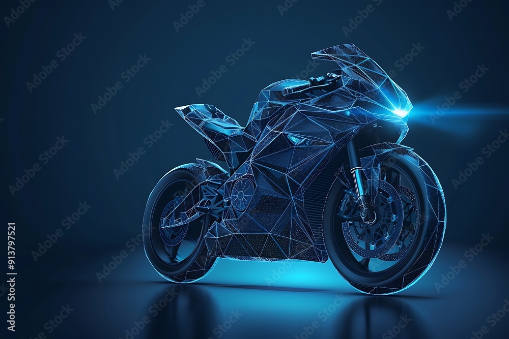 Polygonal wireframe mesh futuristic motorcycle concept sign on dark ...
