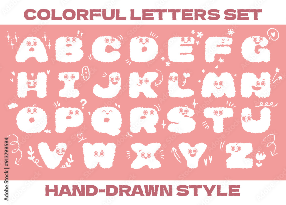 Hand drawn style cute uppercase letters alphabet creative typography ...