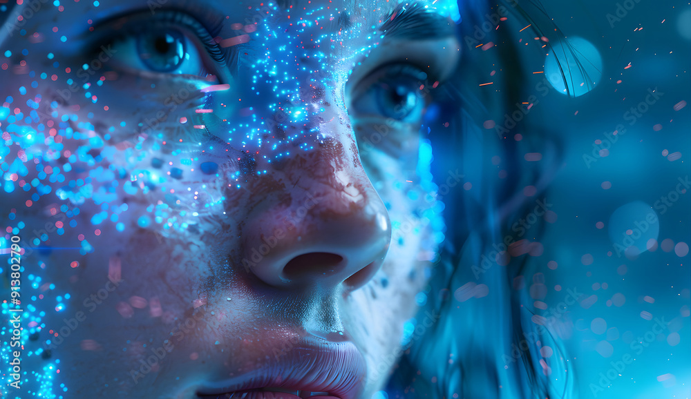 Virtual Visionary, Showcase an abstract digital face with visionary ...