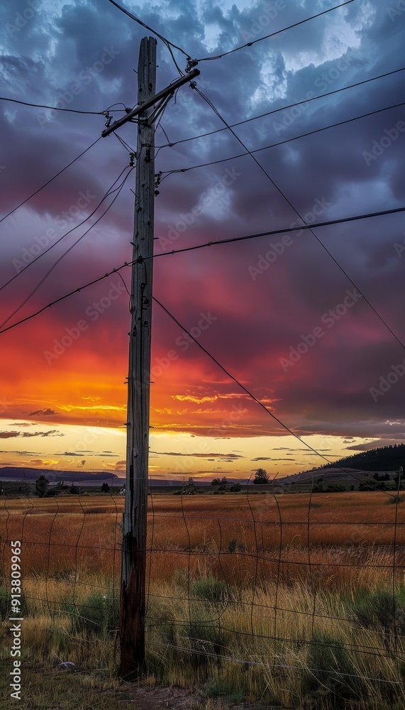 Dramatic Sunset with Wild West Telegraph Pole Symbolizing Historic ...