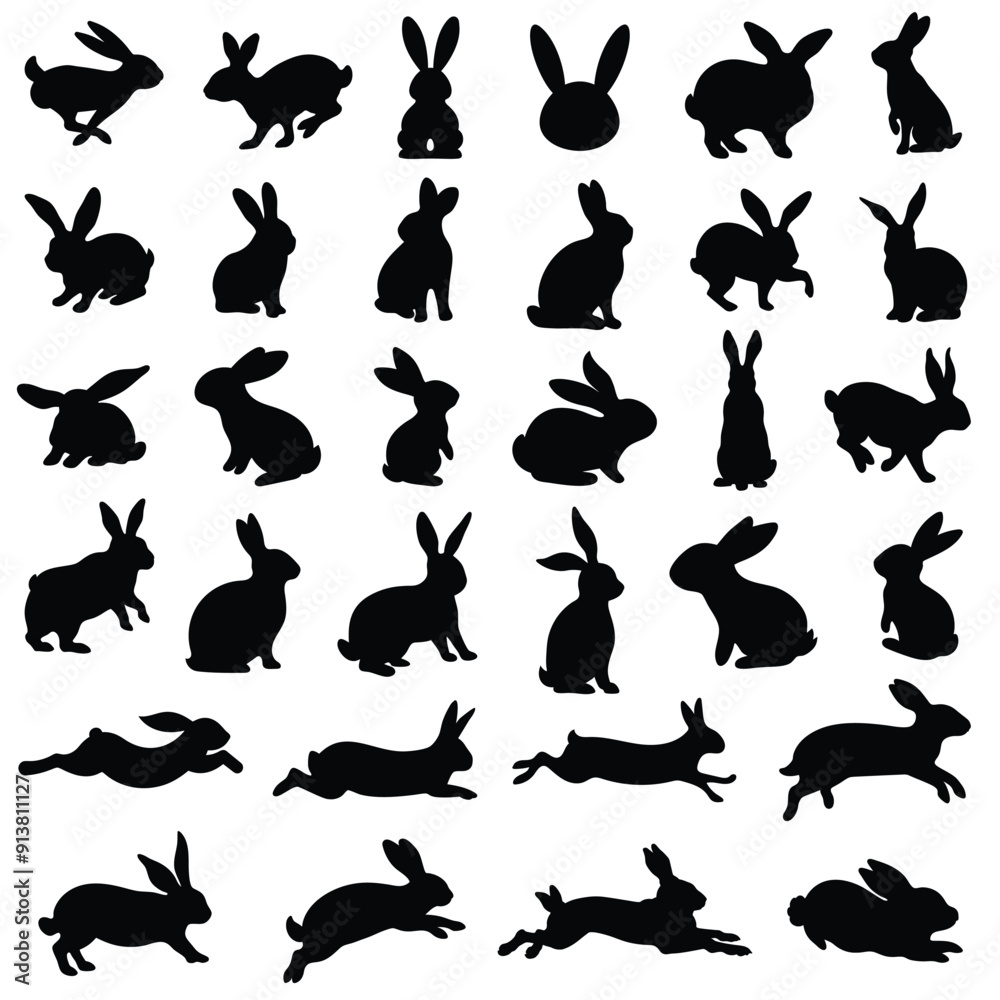 Rabbit silhouettes Black vector set featuring different poses, Easter ...