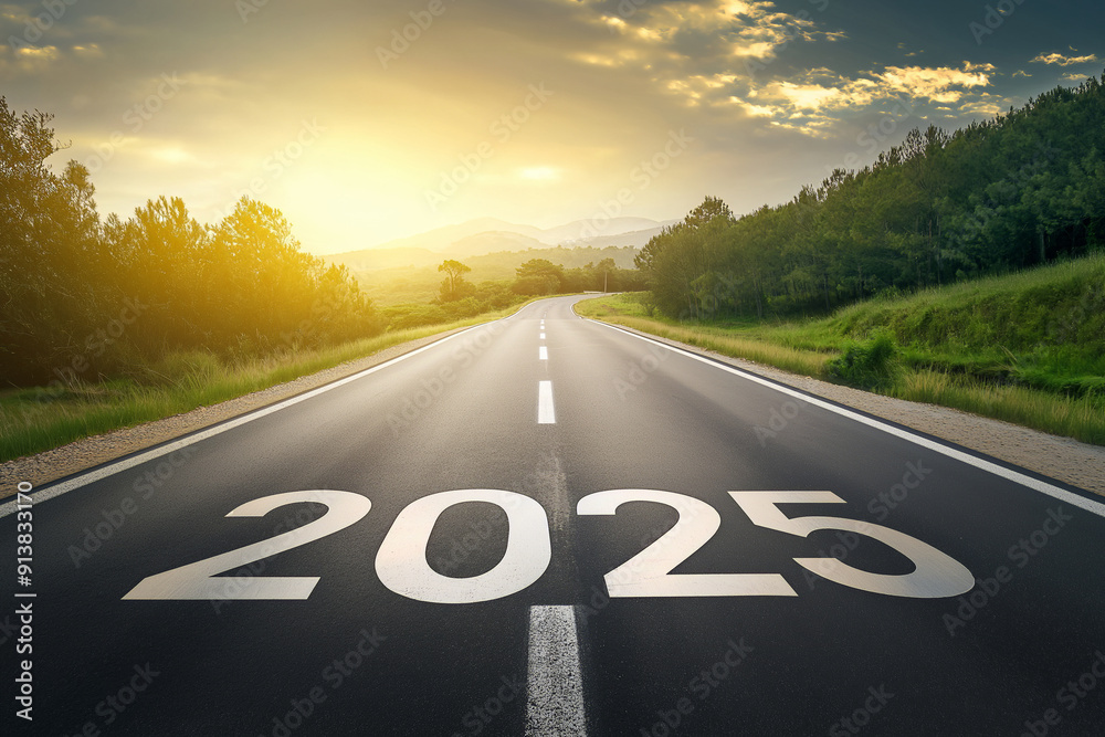 Straight road leading to the horizon with the year 2025 written on the ...