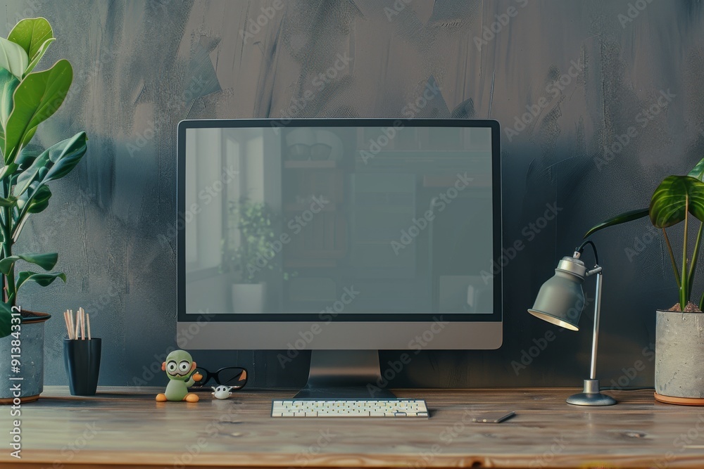 A minimalist desktop setup with a large computer screen, plants, and ...