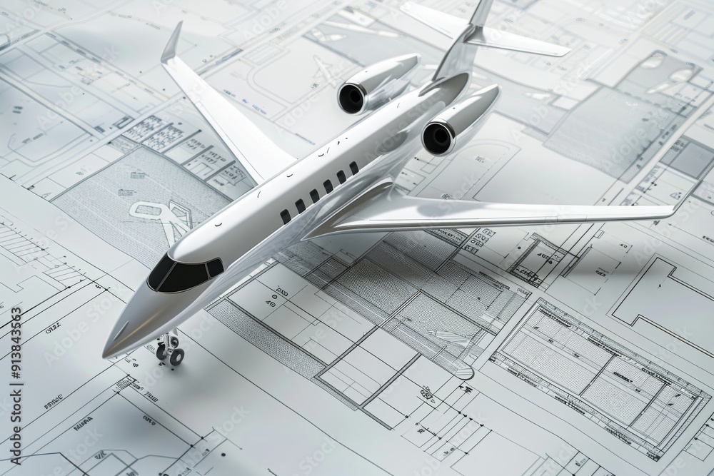 A detailed model of a sleek private jet placed on architectural ...