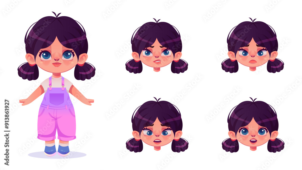 Girl face. Little girl cartoon style. Kid and his face with different ...